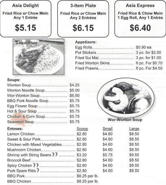 Menu at Asia Express restaurant, Concord