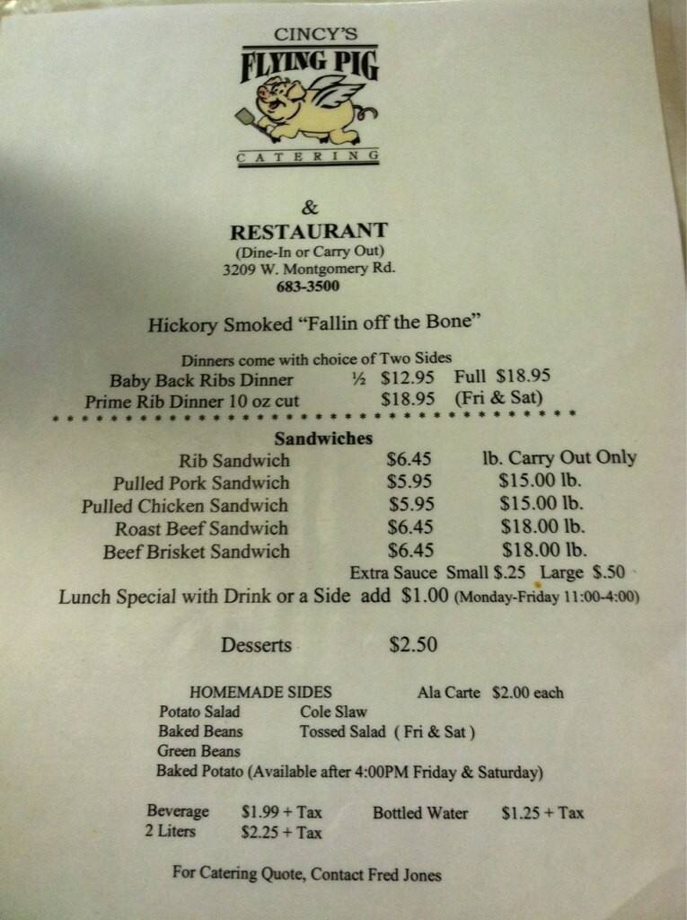 Carta de barbacoa Cincy's Flying Pig Catering, Loveland