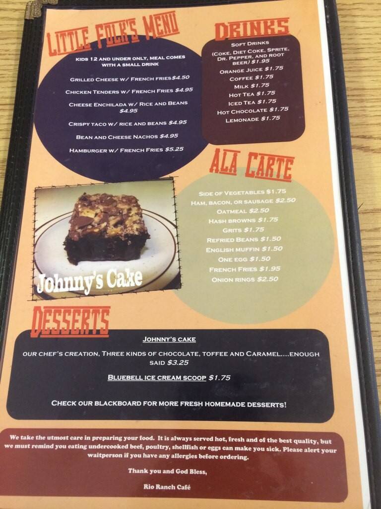 Menu at Rio Ranch Cafe, Kerrville