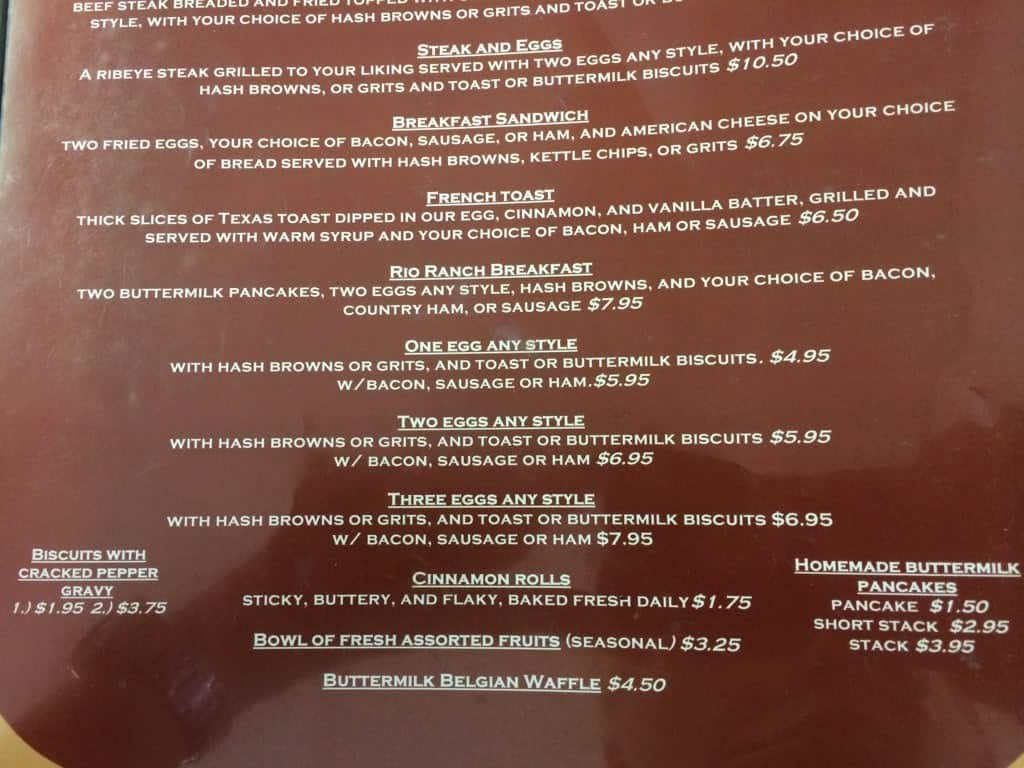 Menu at Rio Ranch Cafe, Kerrville
