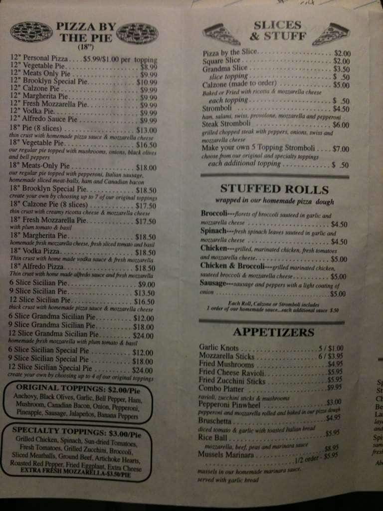 Menu at Brooklyn Pizza Co. pizzeria, Wilmington, Market St