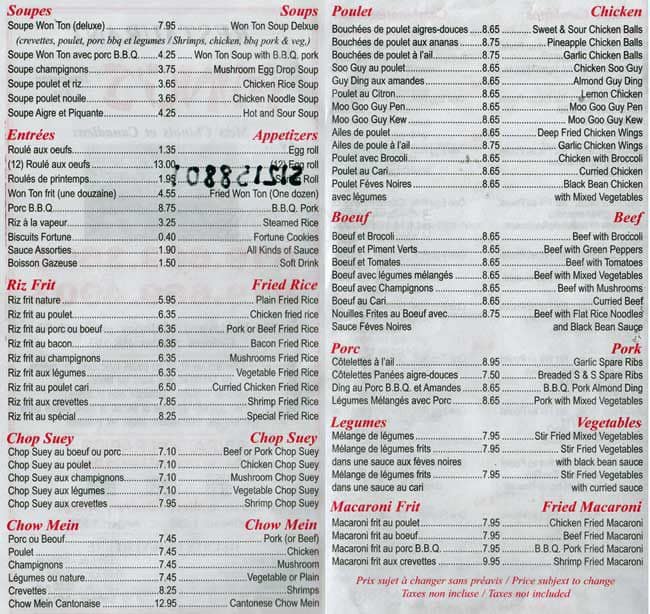 Menu au Ming's restaurant, Gatineau