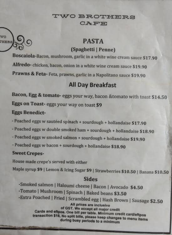 Menu at Two Brothers cafe, Lane Cove