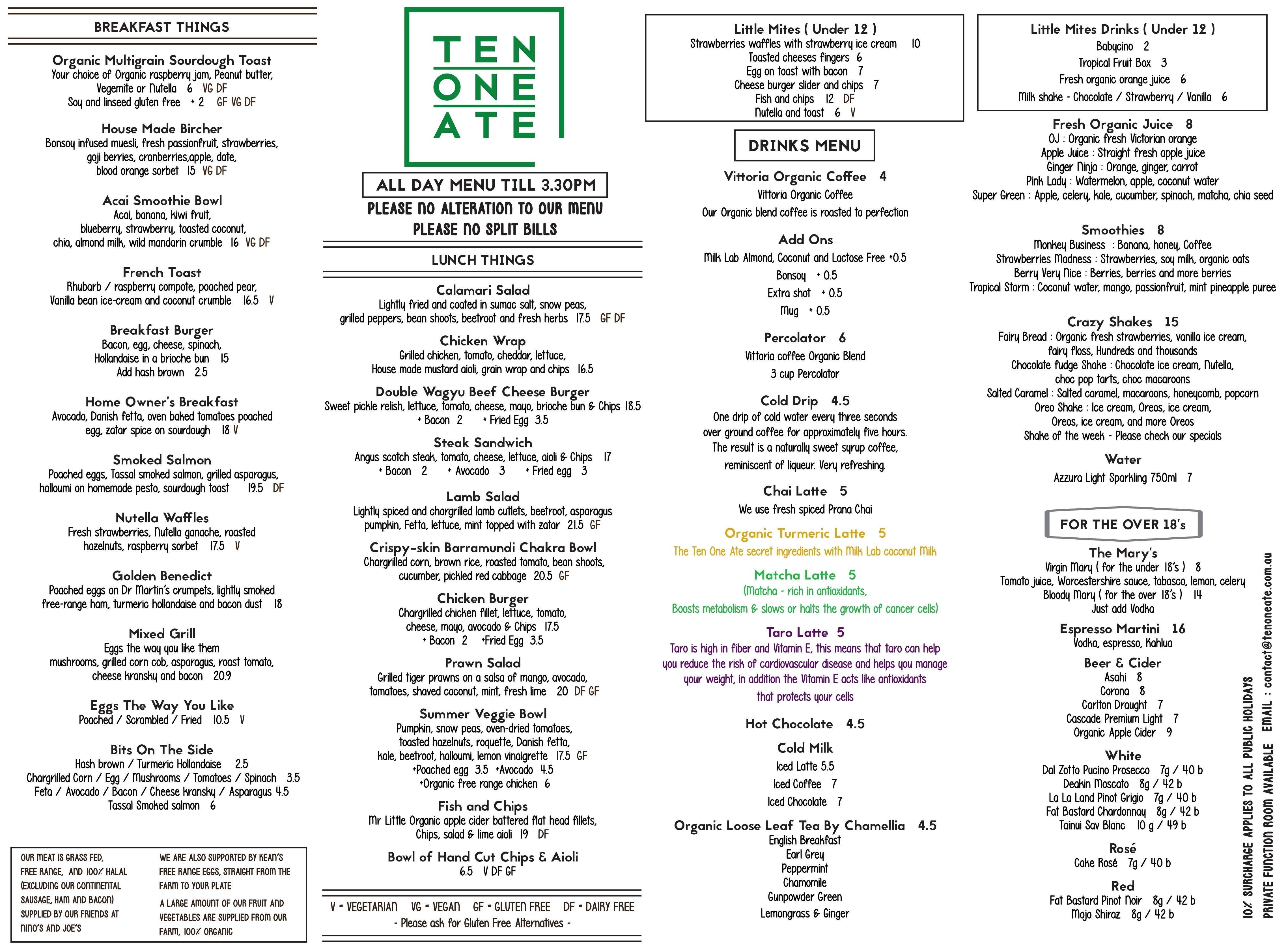 Ten One Ate Menü, Ten One Ate, Essendon, Melbourne için Menü ...