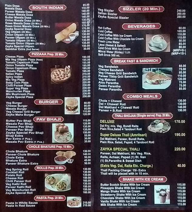 Menu of Zayka Fast Food & Restaurant, Lashkar, Gwalior