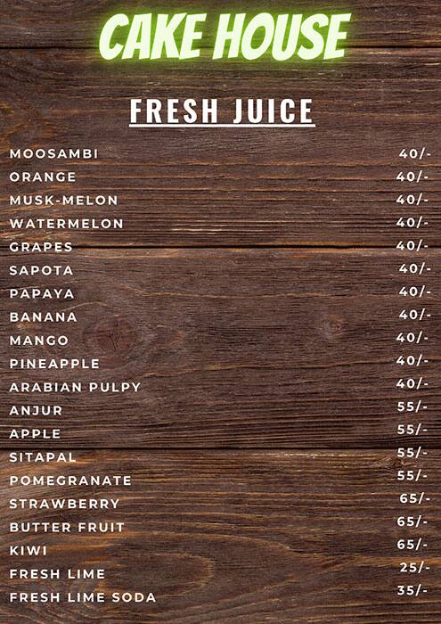 Menu of Cake House, Malleshwaram, Bangalore