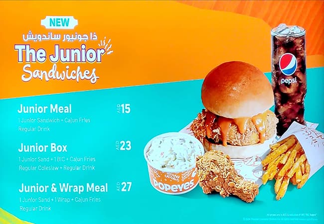 Menu of Popeyes, Reef Mall, Al Rigga, Dubai