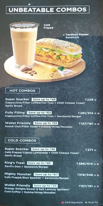 Menu at Cafe Coffee Day, New Delhi