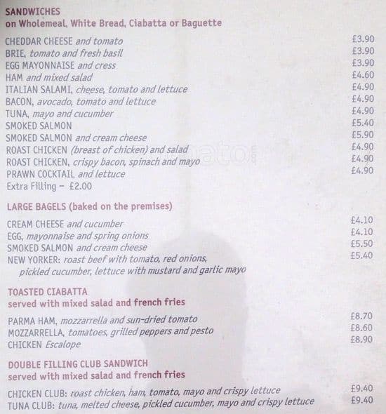 Menu at Fiori cafe, London