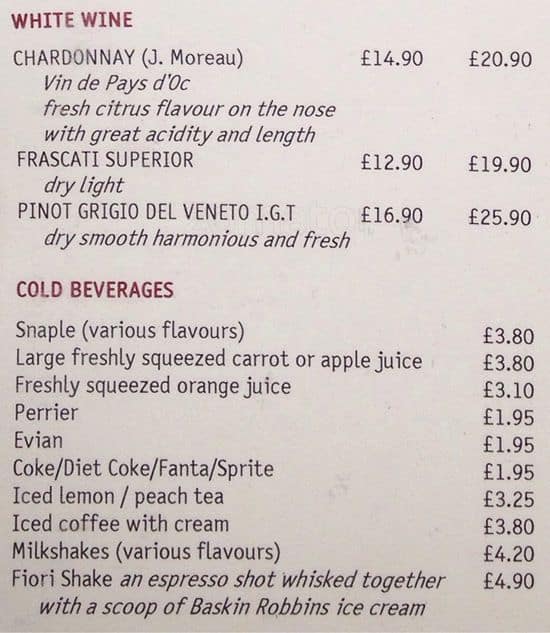 Menu at Fiori cafe, London