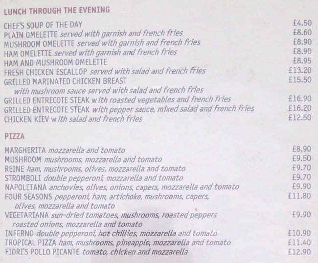 Menu at Fiori cafe, London