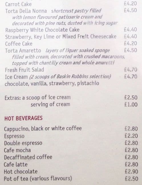 Menu at Fiori cafe, London