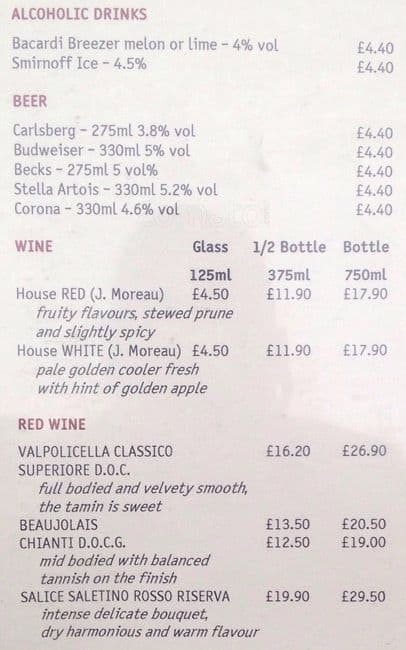 Menu at Fiori cafe, London