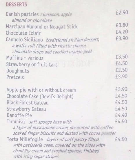 Menu at Fiori cafe, London