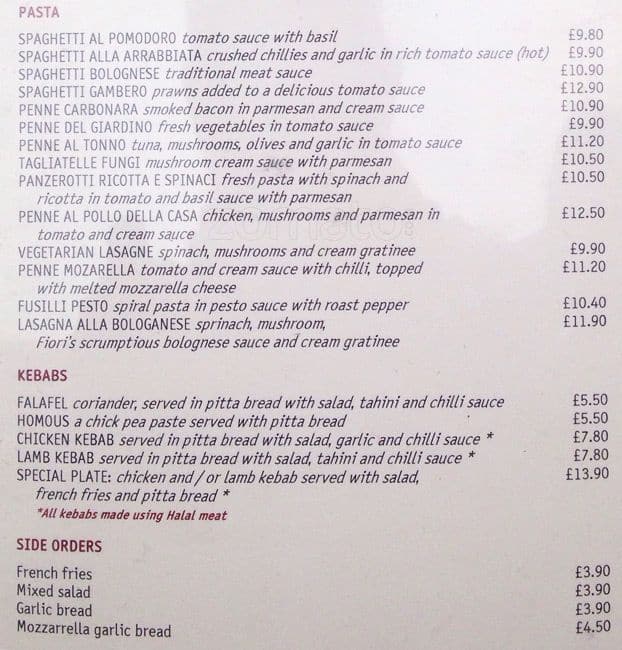 Menu at Fiori cafe, London