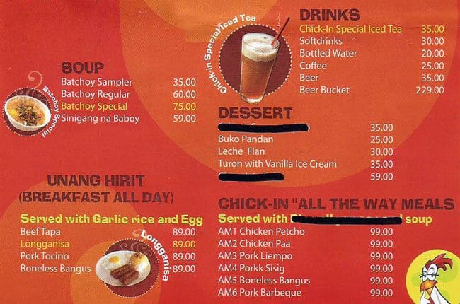 Menu at Chick-in Chicken Inasal restaurant, Makati