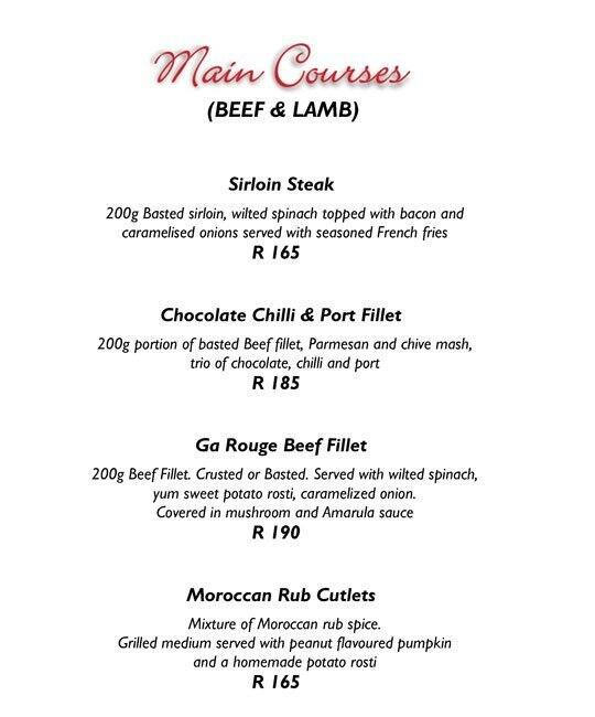 Menu at Ga Rouge restaurant, Centurion