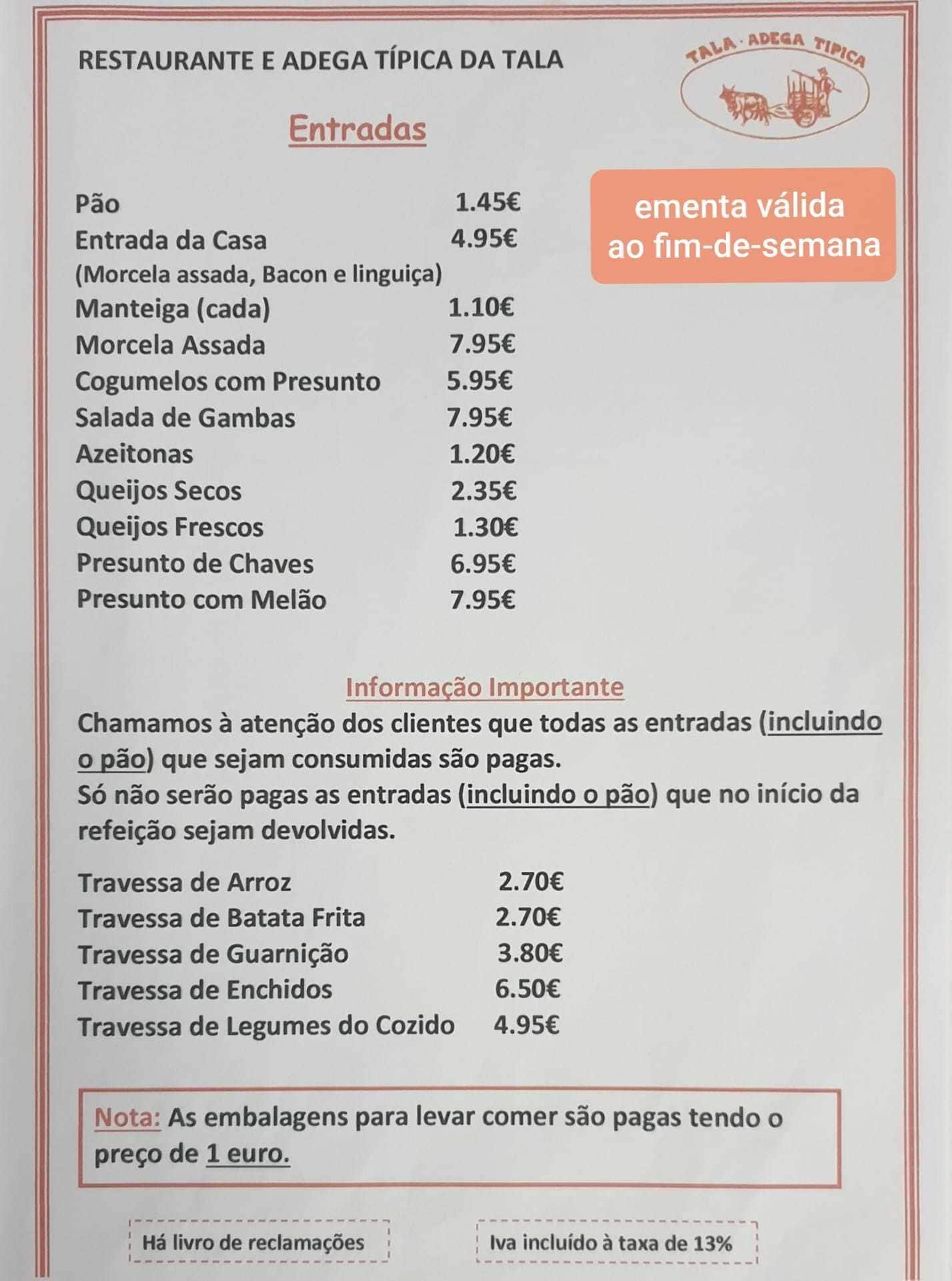 Menu em Adega Típica da Tala restaurante, Sintra