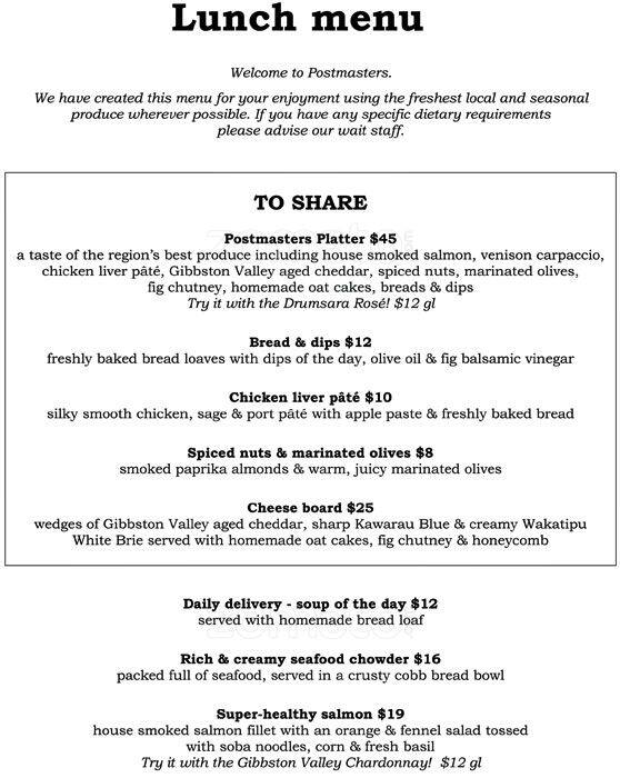 Menu at Postmasters Cottage Cafe, Arrowtown