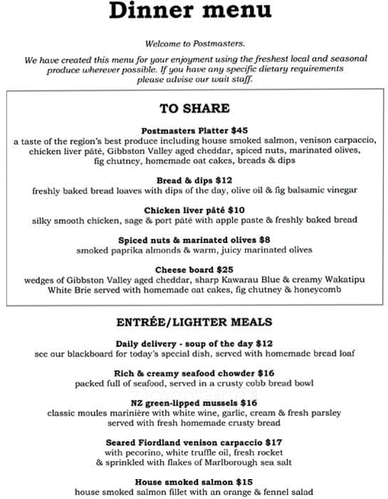 Menu at Postmasters Cottage Cafe, Arrowtown