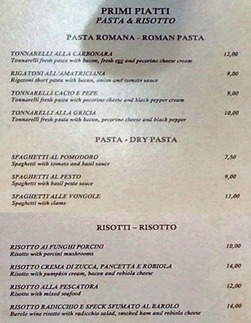 Menu at Ristorante Pizza Roma, Rome, Via in Arcione