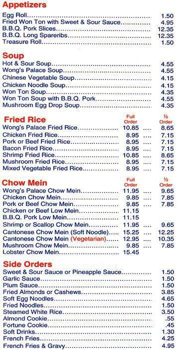 Menu at Wong's Palace restaurant, Ottawa