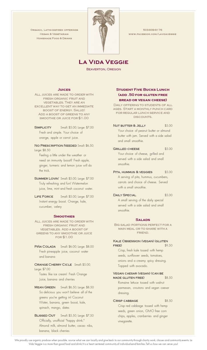 Menu at La Vida Veggie Food Cart restaurant, Beaverton, SW Rose Biggi Ave