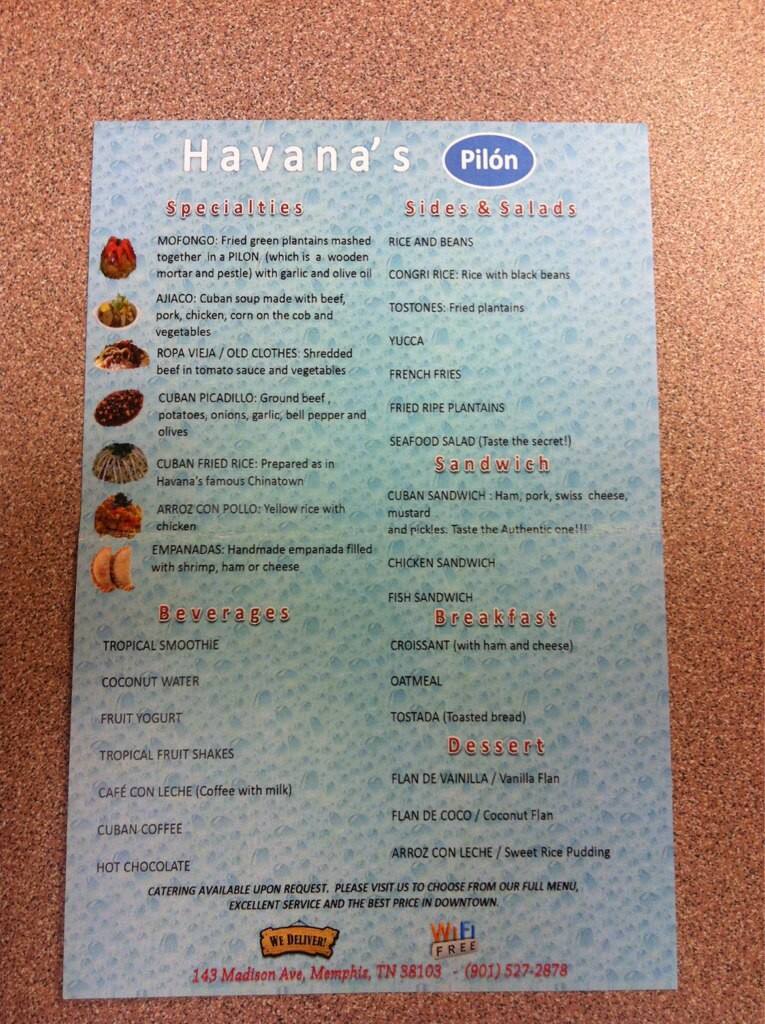Menu at Havana's Pilon restaurant, Memphis, 143 Madison Ave