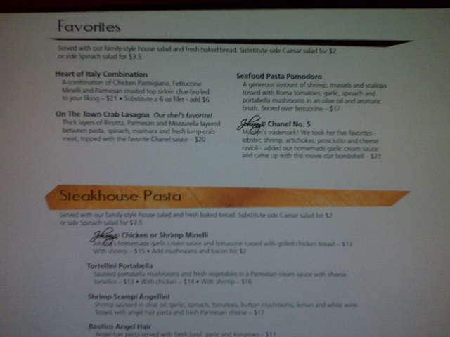 Menu at Johnny's Italian Steakhouse, Des Moines
