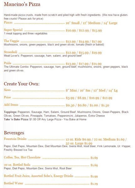 Menu at Mancino's Baked Subs & Pizza pizzeria, Nampa