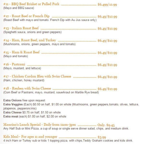 Menu at Mancino's Baked Subs & Pizza pizzeria, Nampa