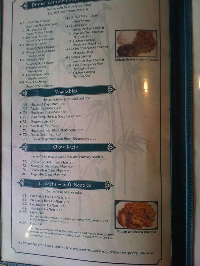 Menu at Chin Chin restaurant, Clifton