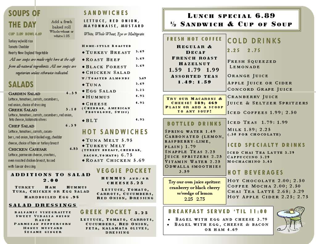 Menu at Marketplace Cafe, Northampton