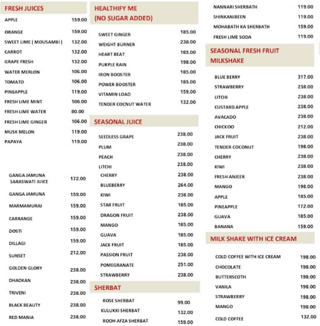 Menu at Haji Ali, Kochi, Edapally