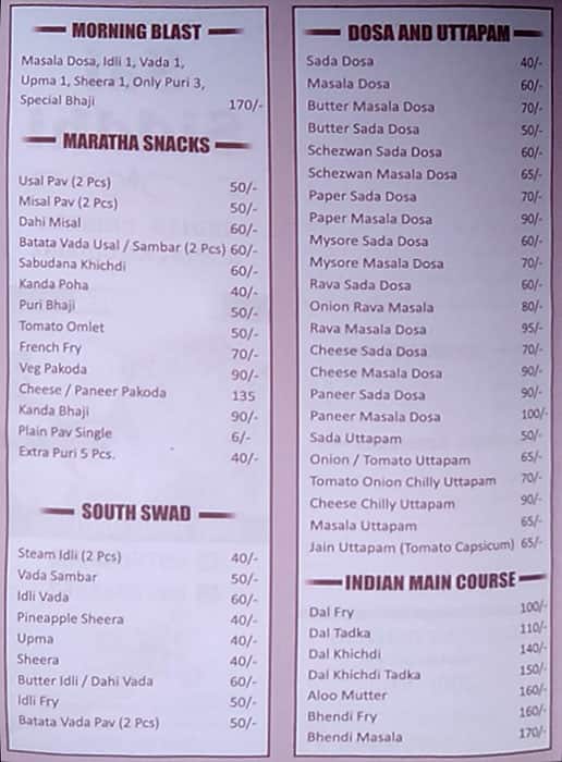 Menu of Sai Siddhi Pure Veg Cuisine, Kasarvadavli, Thane West, Thane