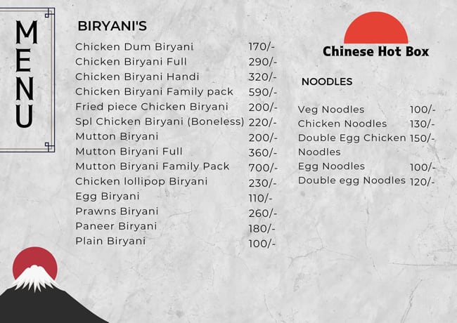 Menu of Chinese Hot Box, Yousufguda, Hyderabad