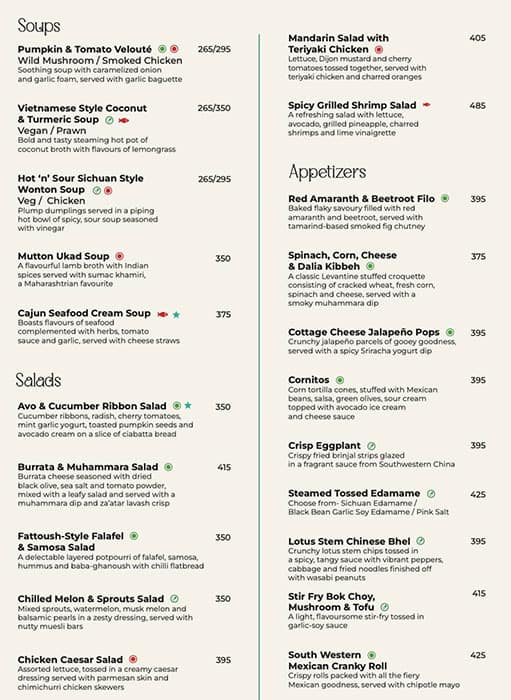 Menu of TYD, Hennur, Bangalore