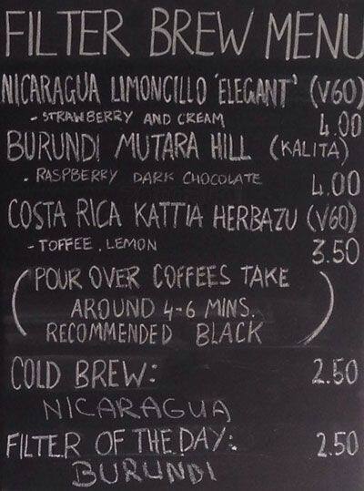 Menu at The CoffeeWorks Project cafe, London, 4 Whittington Ave