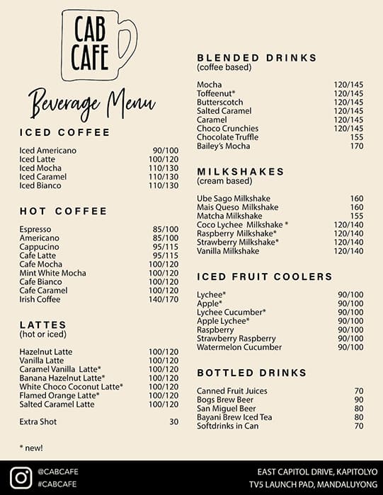 Menu at Cab Cafe, Mandaluyong