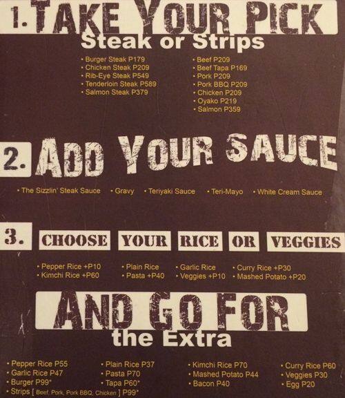 Menu at Sizzlin Steak steakhouse, Quezon City, 1110 Citywalk 1