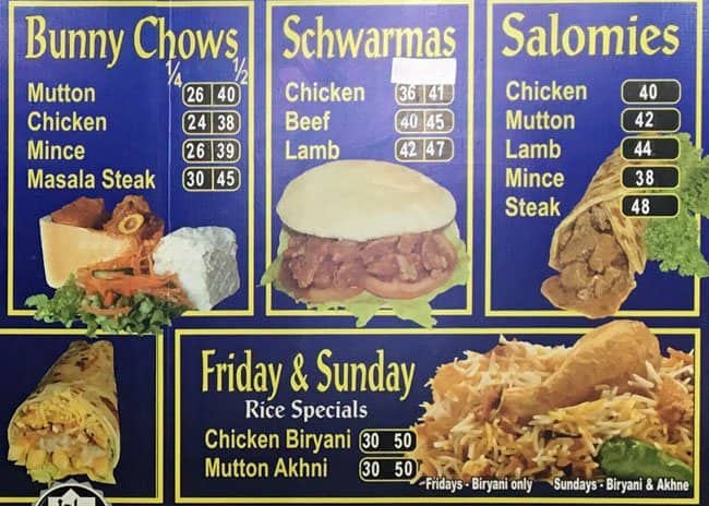 Menu at Lazeez Take-Away restaurant, Paarl