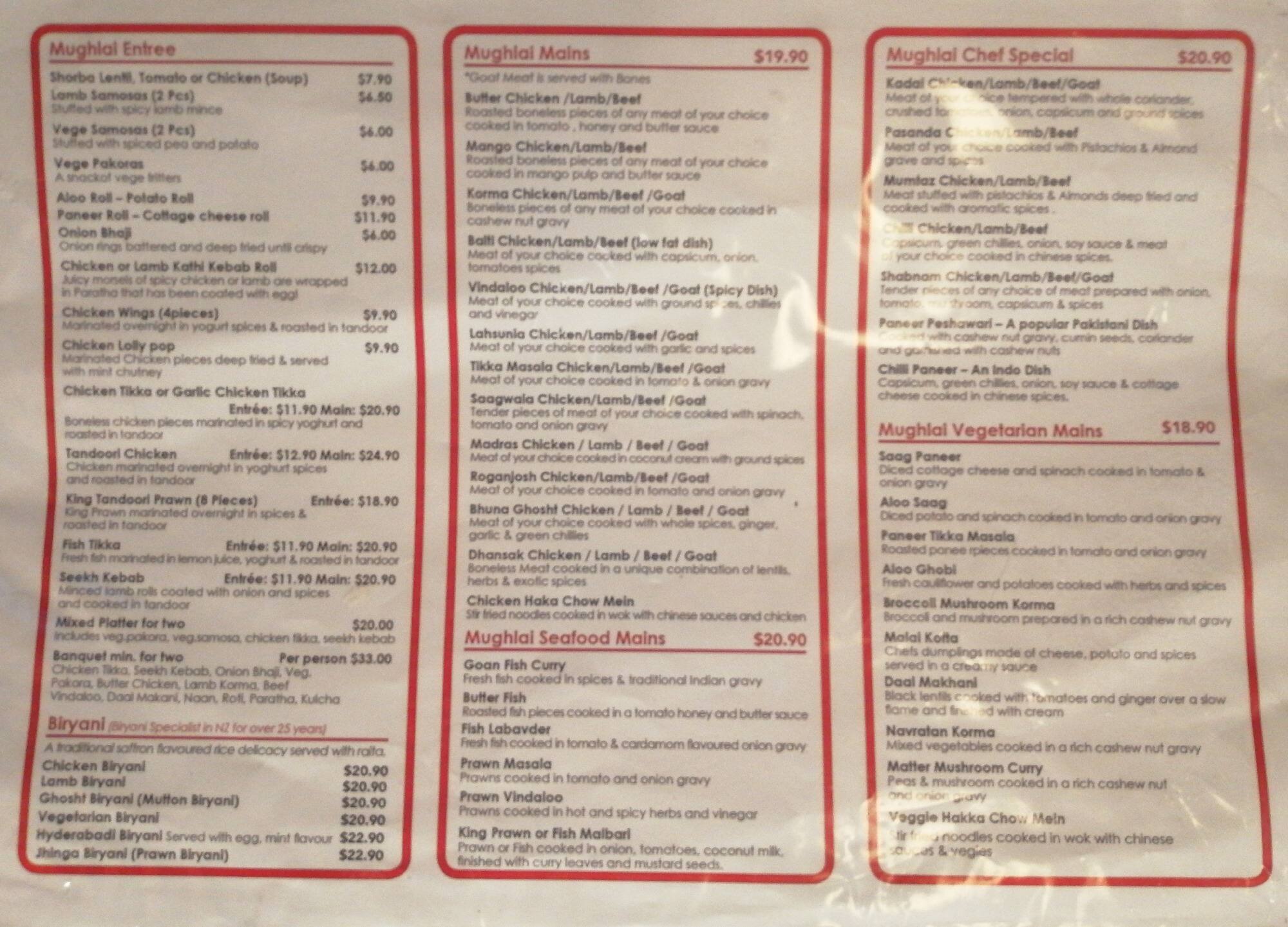 Menu at Mughlai MerCury restaurant, Wellington