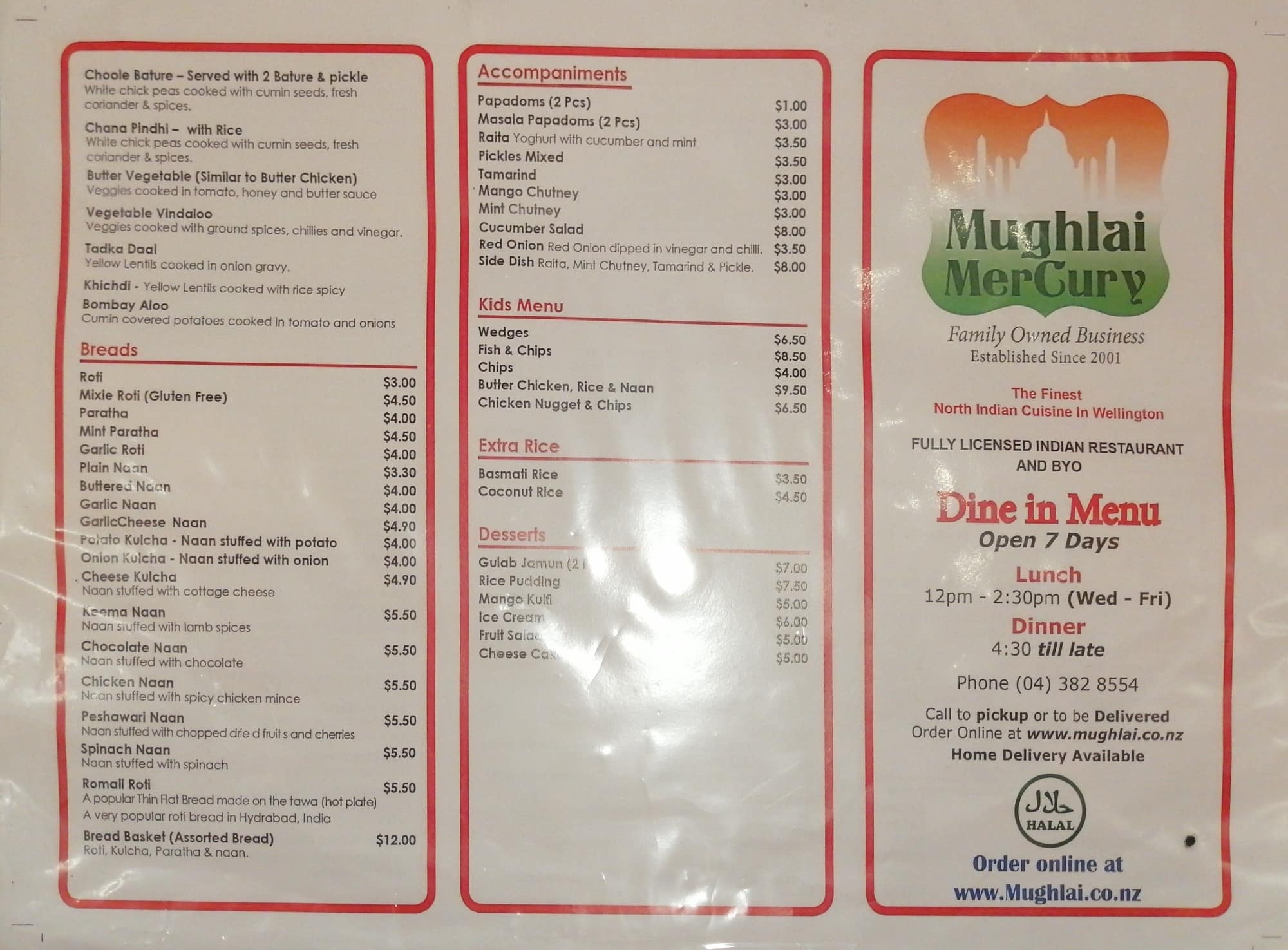 Menu at Mughlai MerCury restaurant, Wellington