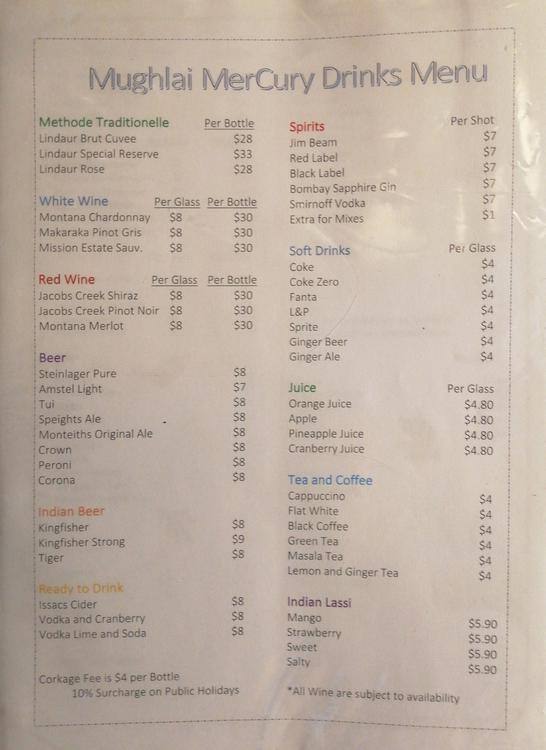 Menu at Mughlai MerCury restaurant, Wellington