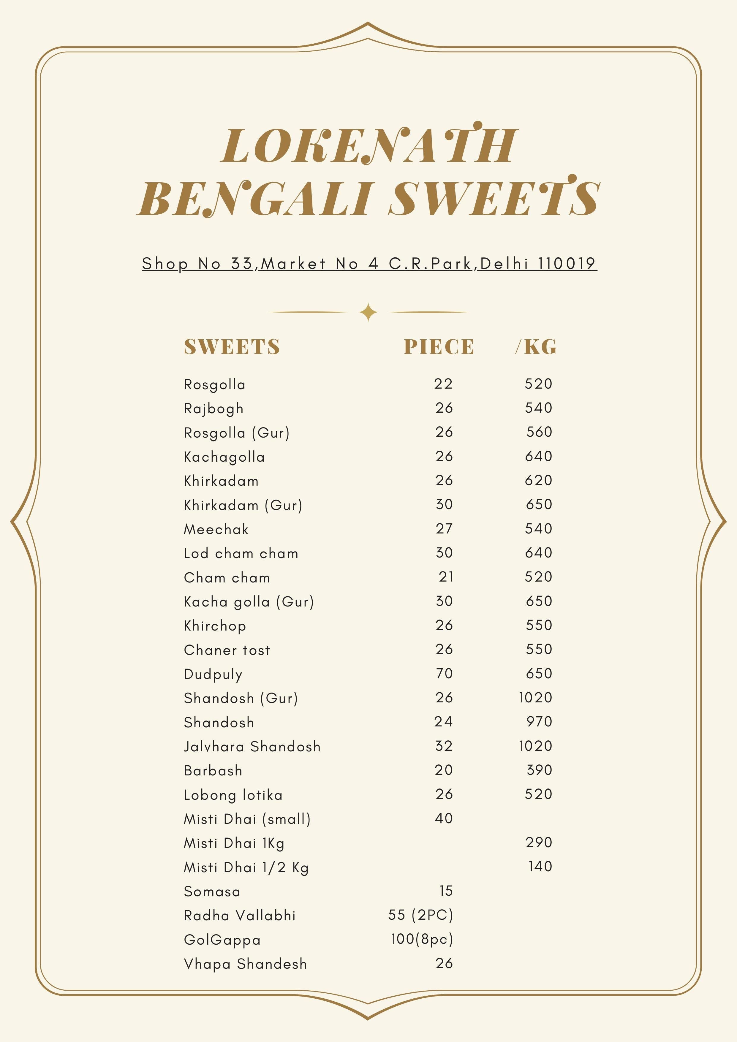 Menu at Lokenath Sweets, New Delhi, Shop 33