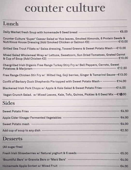 Menu at Counter Culture pub & bar, Dublin, 3 Mercer Street Upper