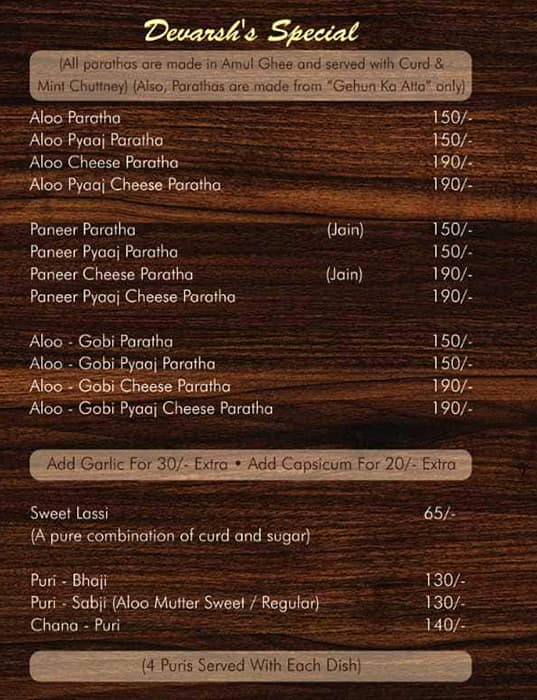 Menu at Devarsh, Ahmedabad