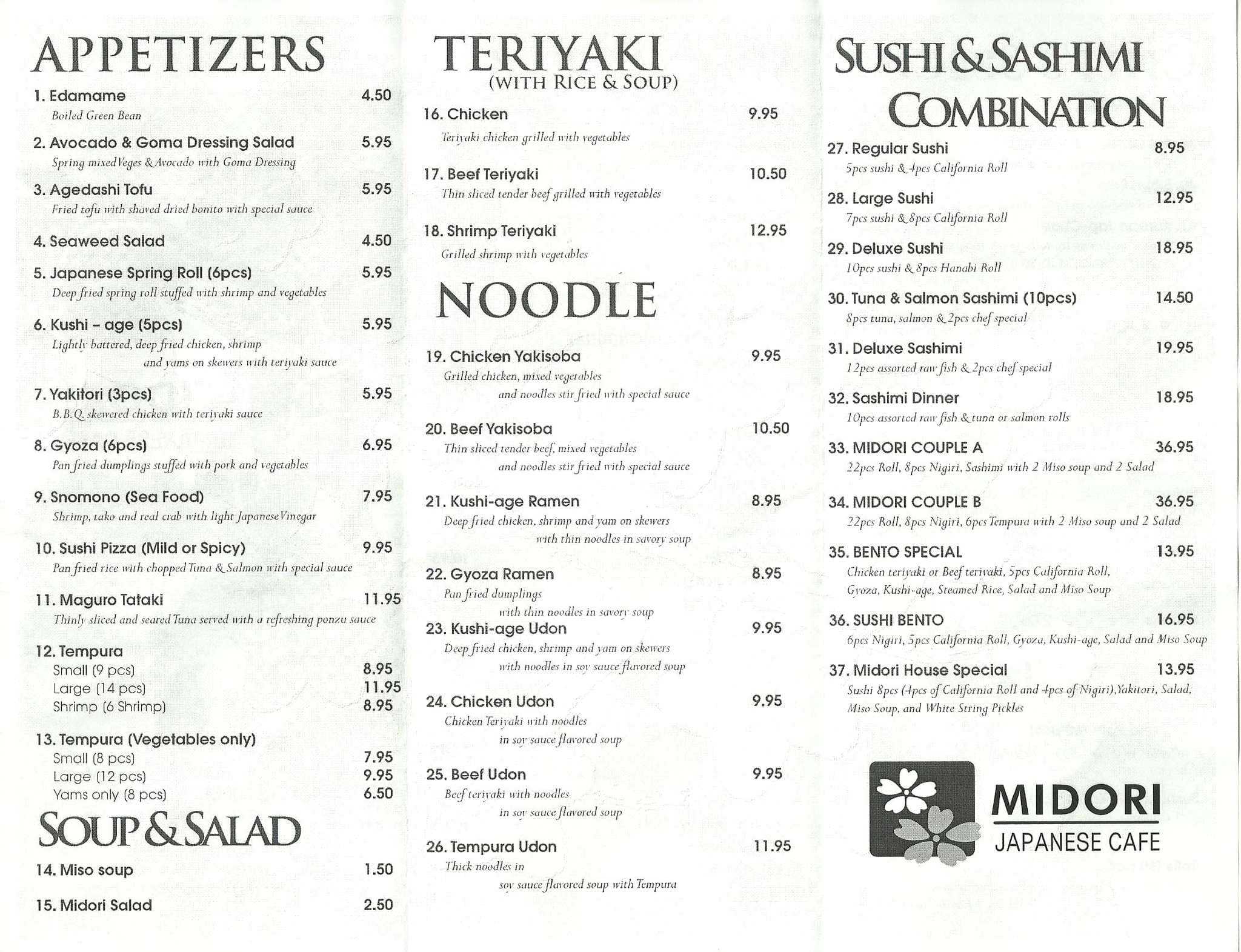 Menu at Midori Japanese Cafe, Calgary