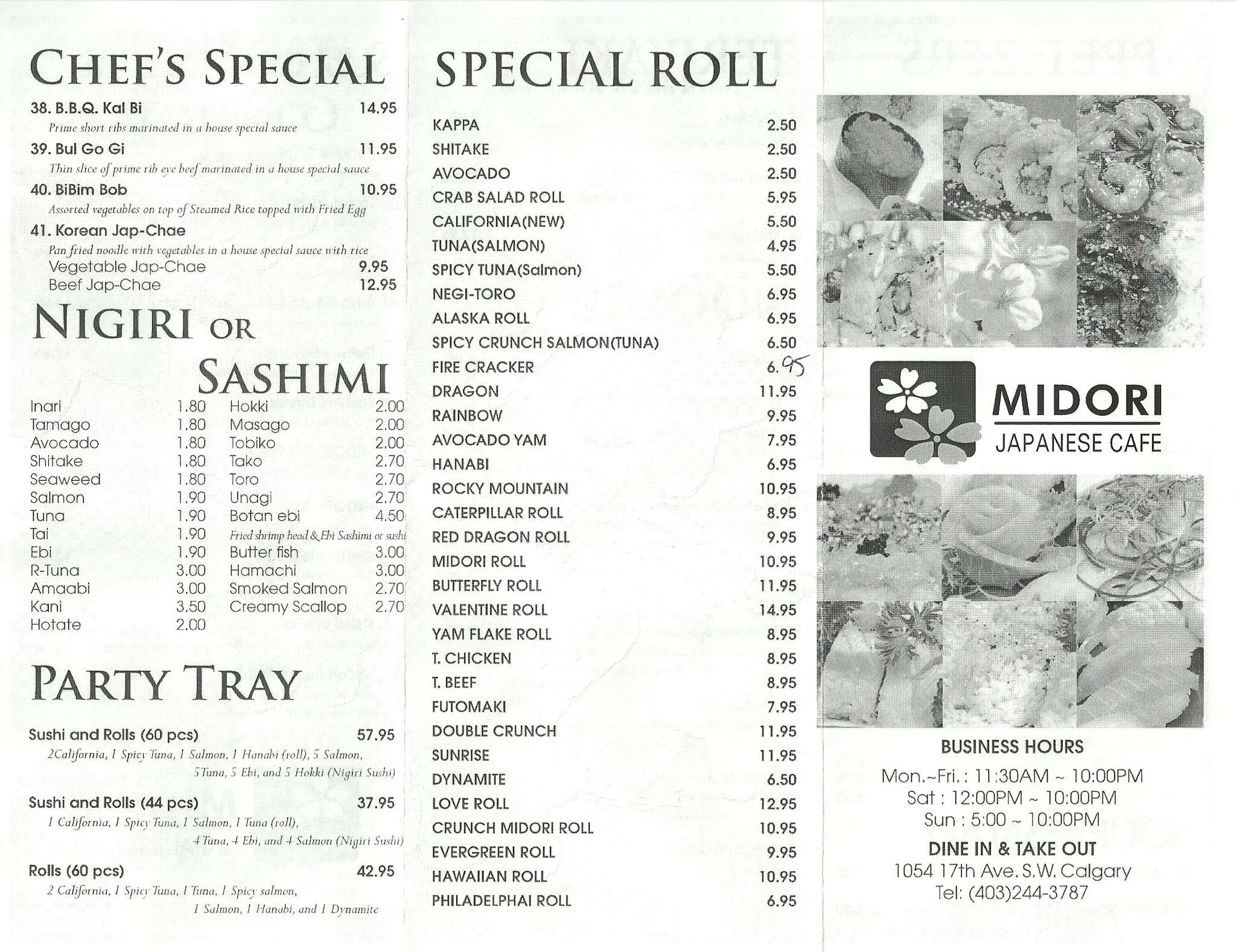 Menu at Midori Japanese Cafe, Calgary