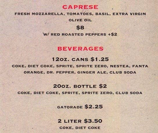 Menu at Fiore's Pizza pizzeria, New York City